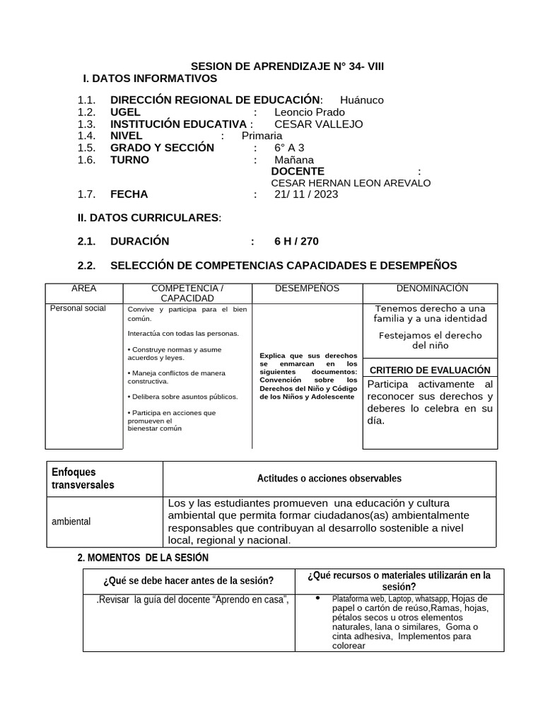 Sesion de Aprendizaje N 34 Personal Social 01 de Noviembre de 2023 | PDF | Plan de estudios ...