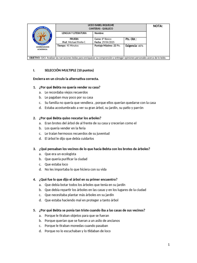 Prueba El Viejo Rescatador de Arboles | PDF