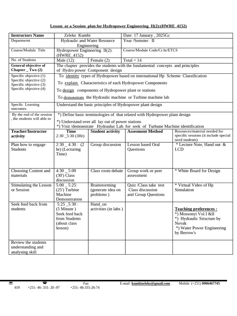 Hydropower Engineering II Session Plan | PDF | Hydropower | Educational ...