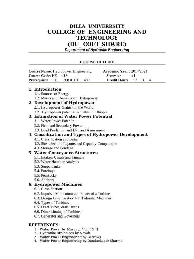 Hydropower Engineering Course Outline | PDF