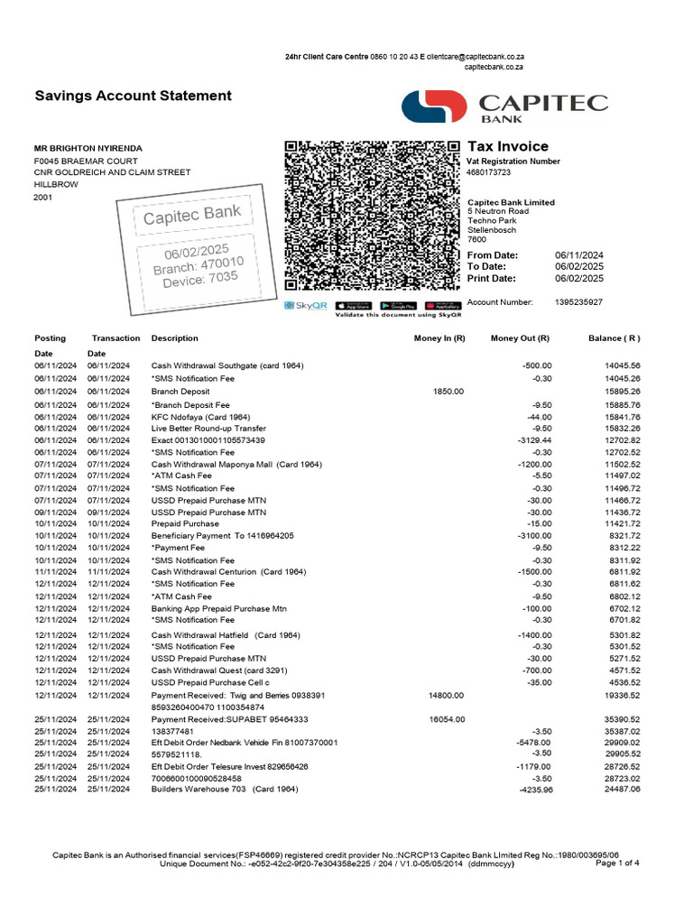 Capitec Bank Account Statement Summary | PDF | Debit Card | Credit Card