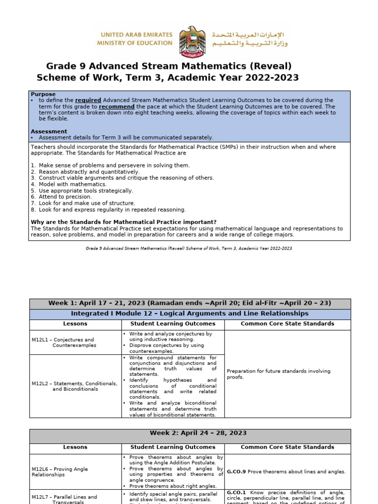 Adv G09 Math SOW Reveal 2022-23 T3 PDF | PDF | Shape | Line (Geometry)