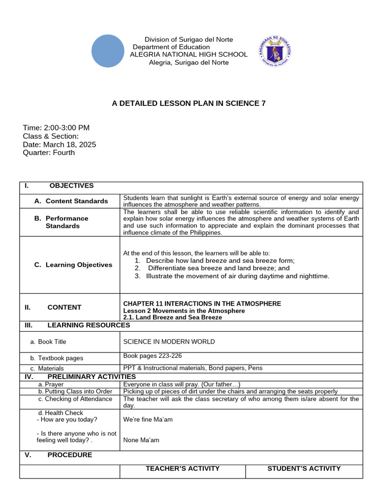 Science 7 Lesson Plan: Land and Sea Breeze | PDF | Wound | Sea