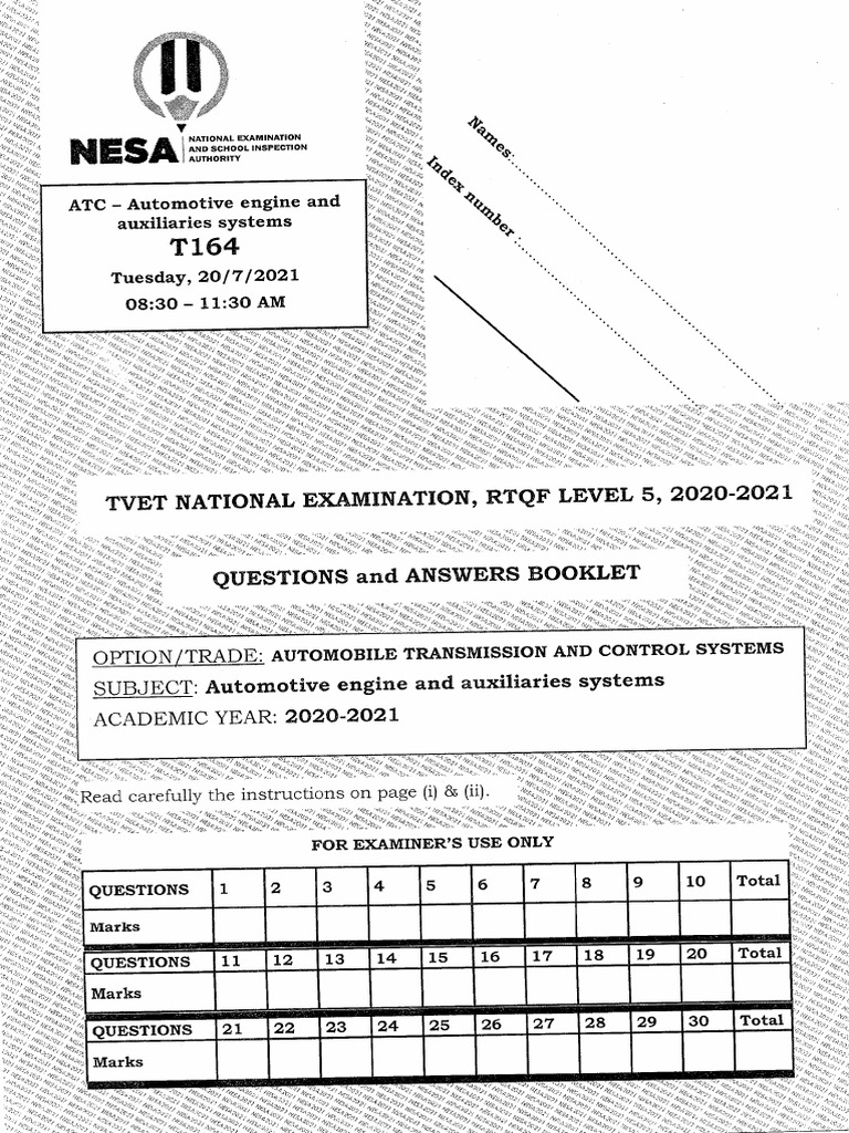 2021 T164 Automotive Engine and Auxiliaries Systems TVET | PDF