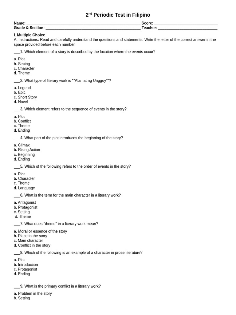 2nd Periodic Test In Filipino PDF Sentence Linguistics Plot