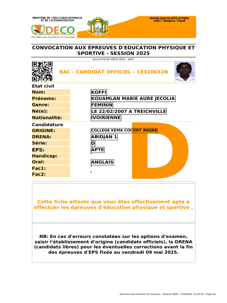 Convocation EPS Bac 2025 - Kema | PDF