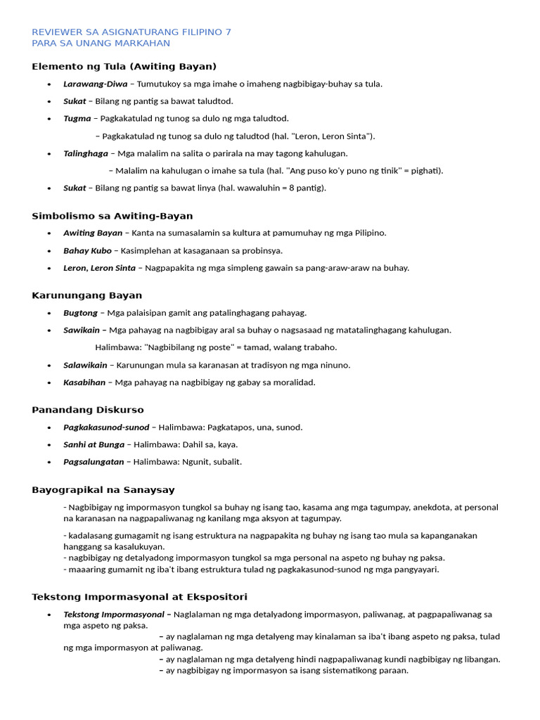 Reviewer Sa Asignaturang Filipino 7 | PDF