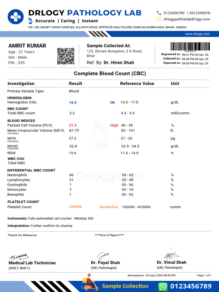 Complete Blood Count Report Sample | PDF | White Blood Cell | Hematology
