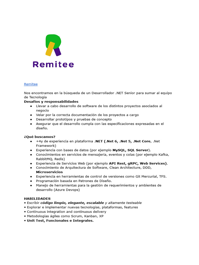 Desarrollador .NET Senior en Remitee | PDF