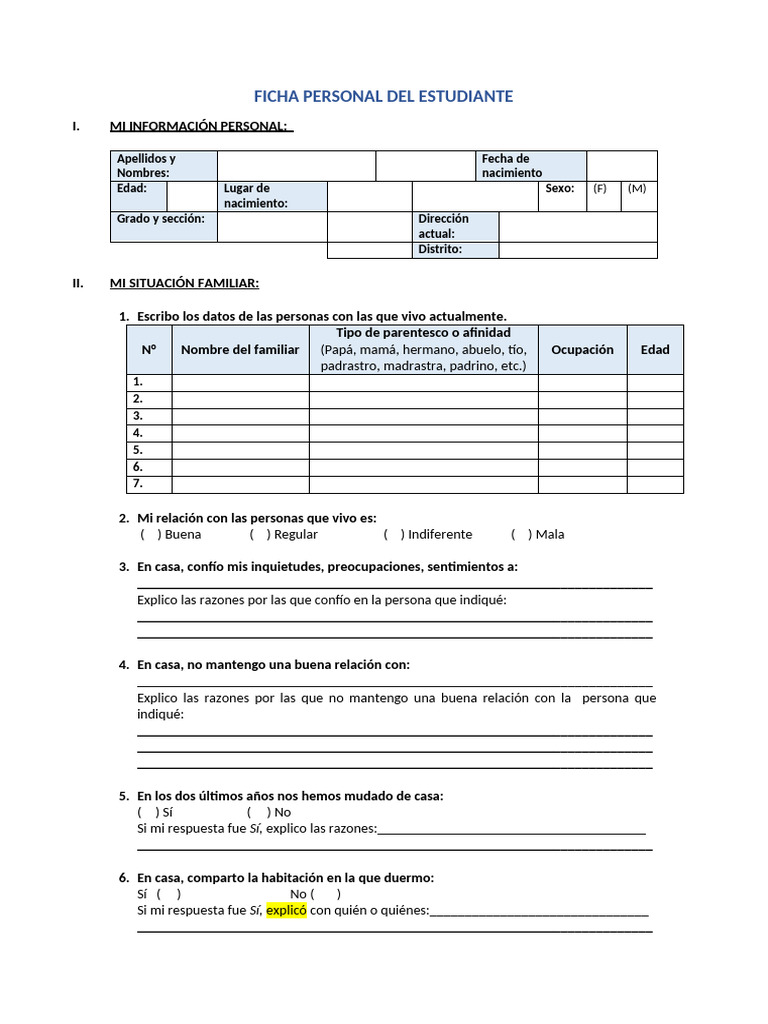 Ficha Personal del Estudiante: Datos Clave | PDF
