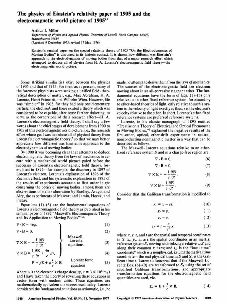 Physics Einstein Relativity Paper 1905 | PDF