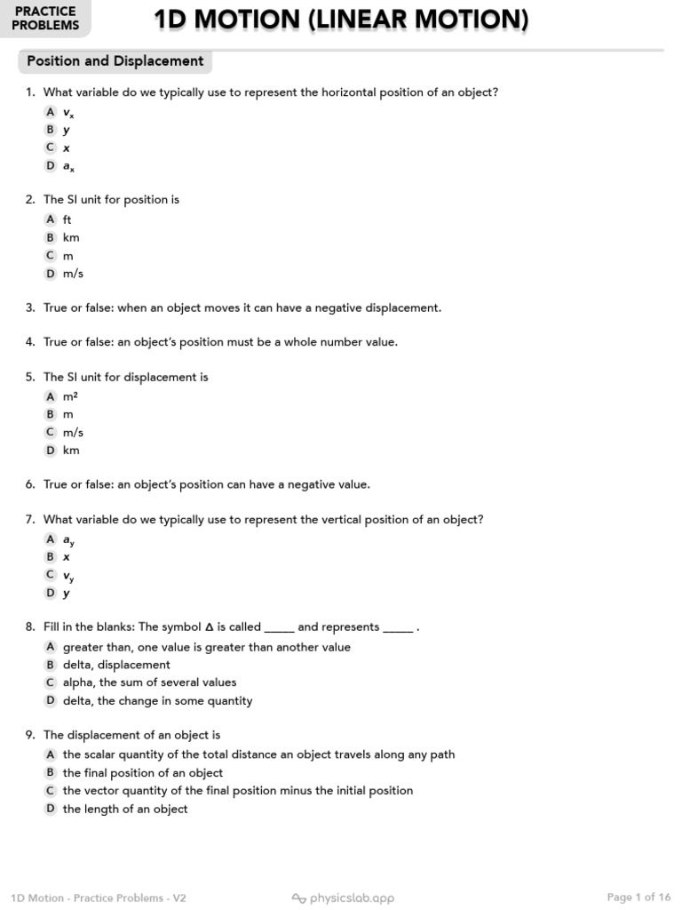 1D Motion - Practice Problems | PDF | Velocity | Acceleration