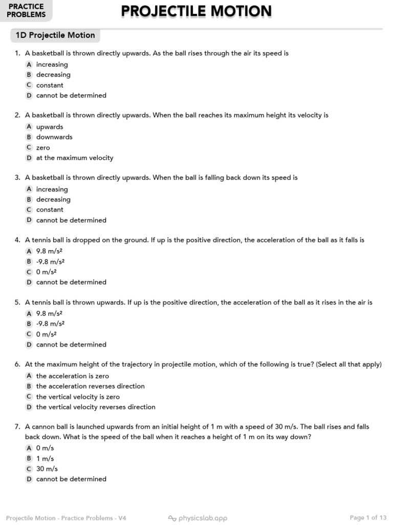 Projectile Motion Practice Problems Pdf Acceleration Velocity