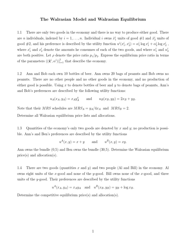 Walrasian Exercises | PDF | Supply And Demand | Economic Equilibrium