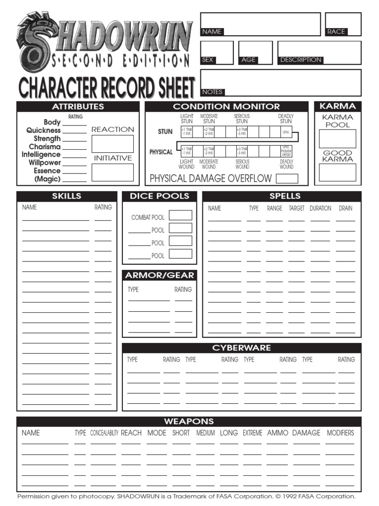 SR2 Character Sheet - FormFillable (High Quality) | PDF | Role Playing Games | Tabletop Games