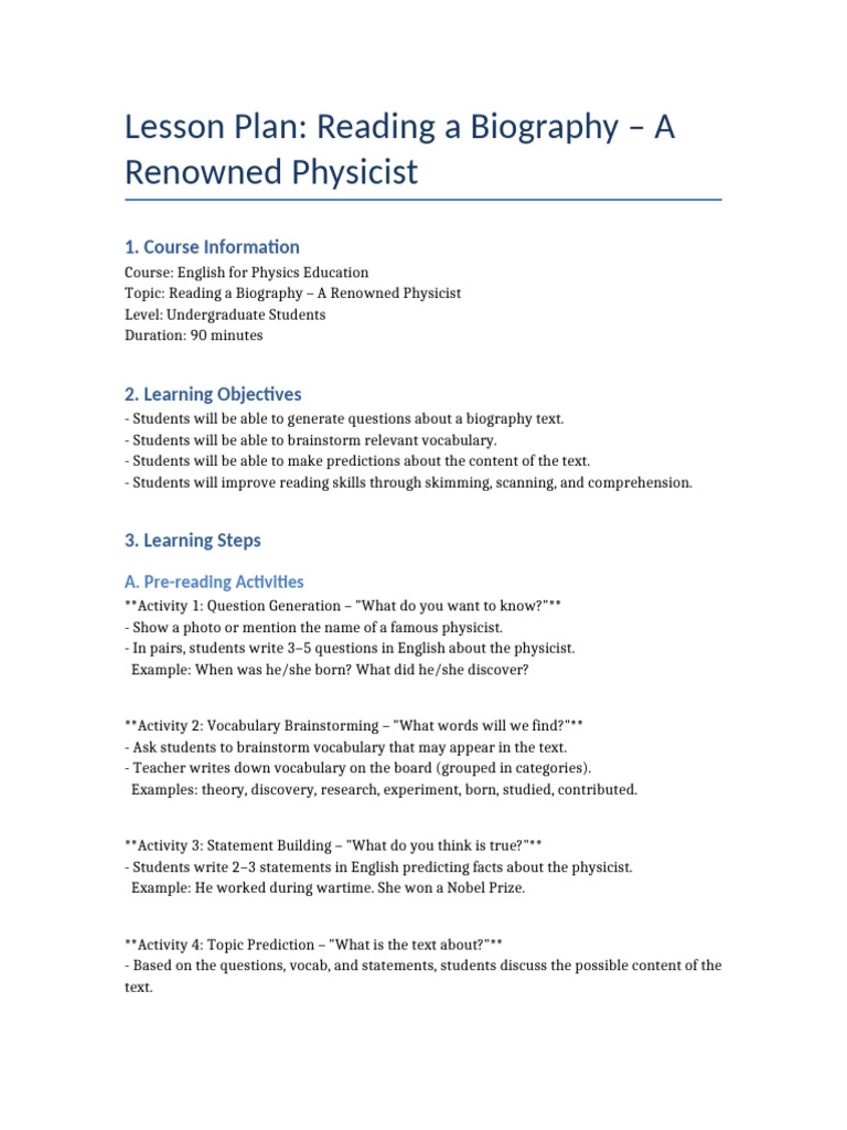 Lesson Plan Reading Biography Physicist | PDF