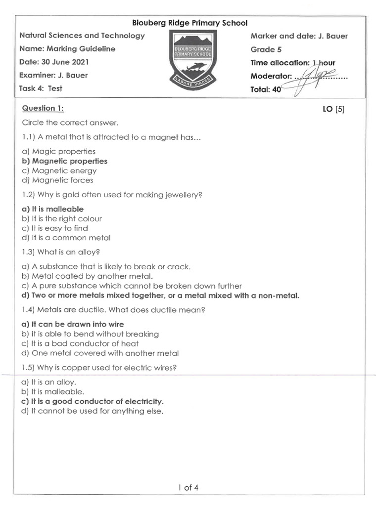 Grade 5 Natural Sciences Mid Year Examination 2021 Marking Guidelines | PDF