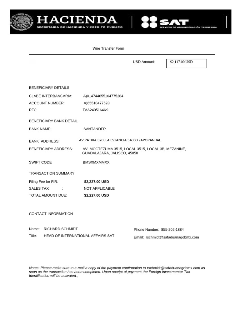 Wire Transfer Form for SAT Payment | PDF