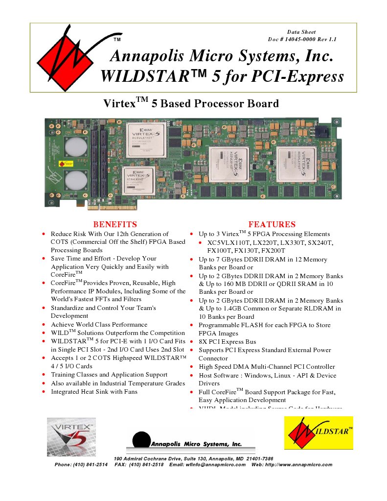 Annapolis Micro Systems, Inc. WILDSTAR™ 5 For PCI-Express: Virtex 5 ...