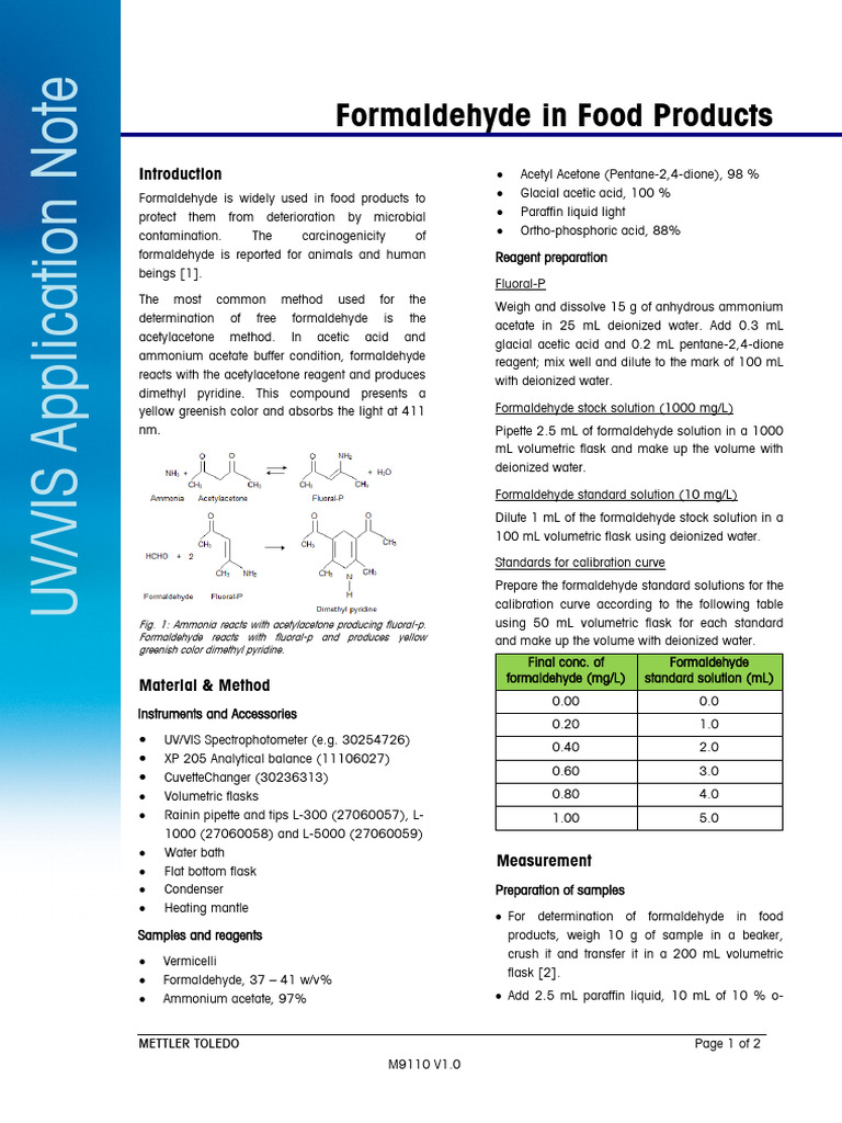 M9110 - Formaldehyde in Food Products | PDF | Chemistry