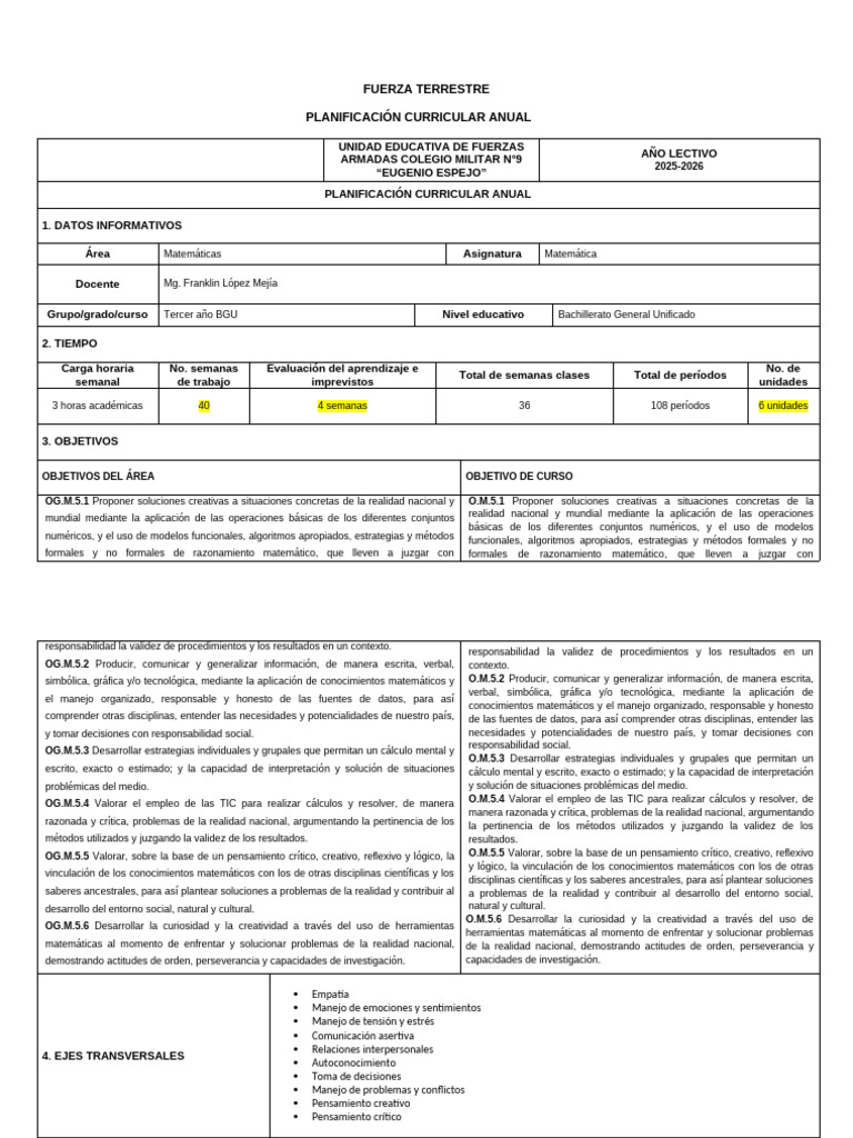 Pca Matematica 2025-2026 - 3ro Bgu Matematica | PDF | Derivado | Pensamiento