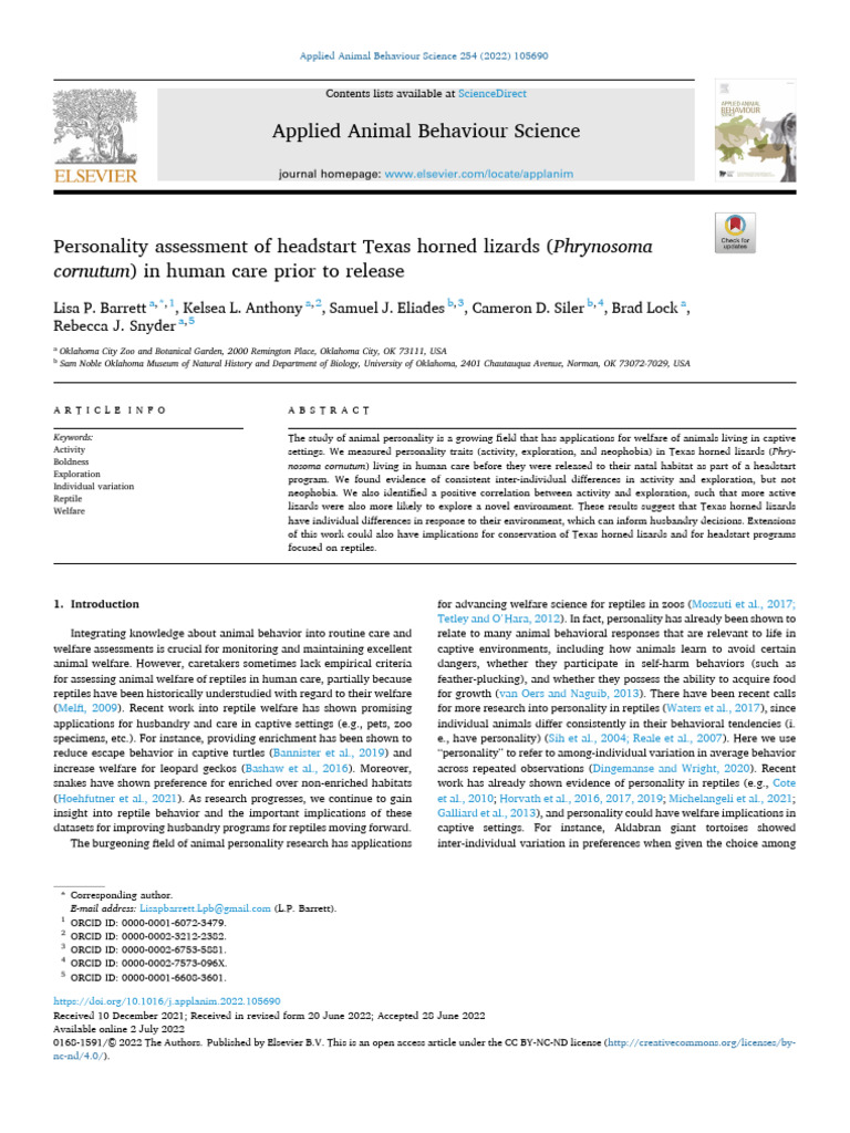 Personality Assessment of Headstart Texas Horned Lizard - 2022 ...
