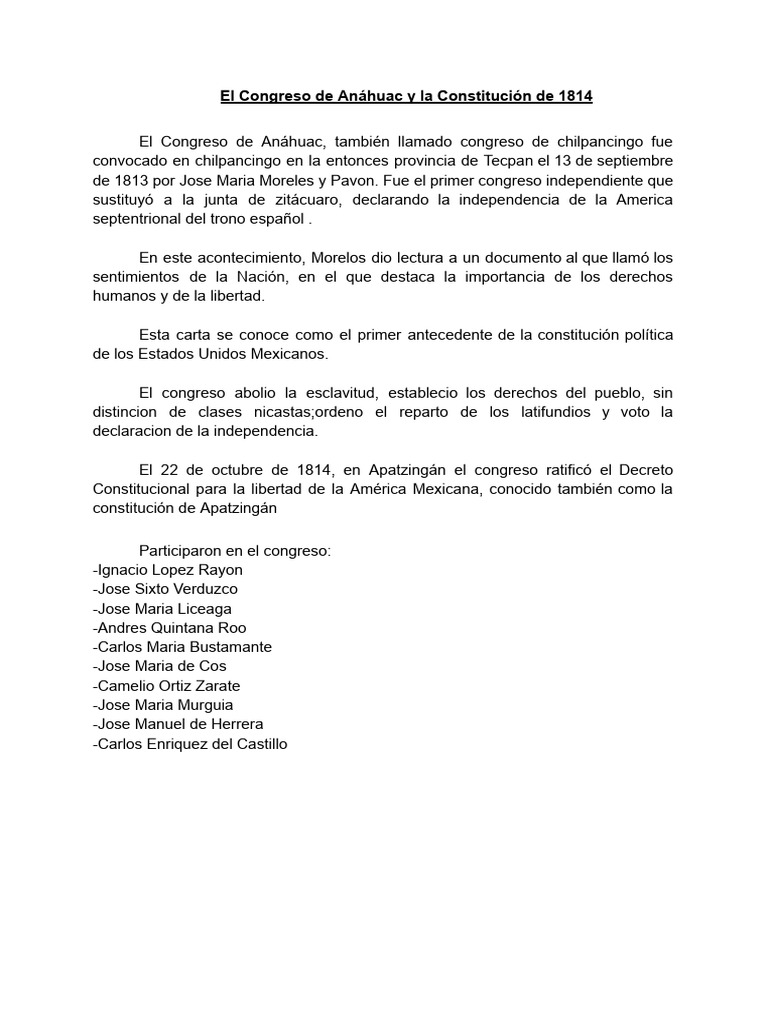 El Congreso de Anáhuac y La Constitución de 1814 | PDF | México | Gobierno