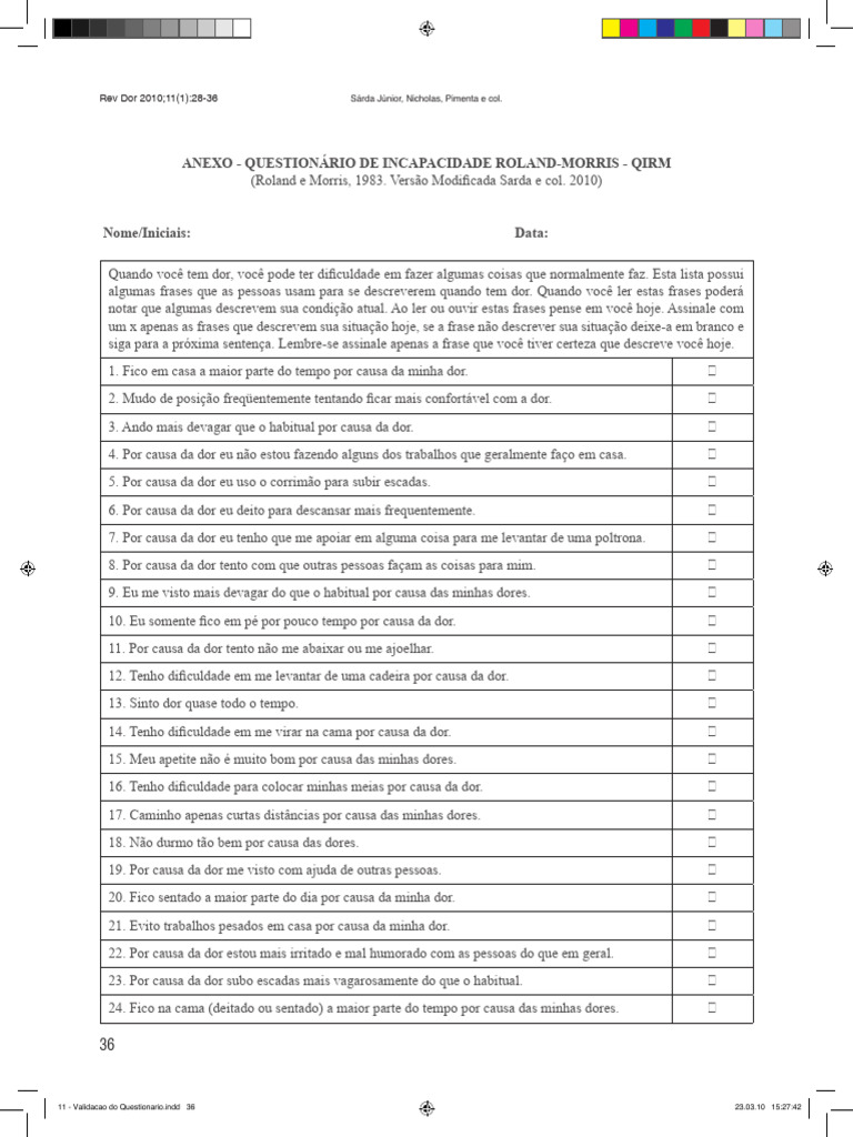 Questionário de Incapacidade Roland-Morris | PDF | Dor
