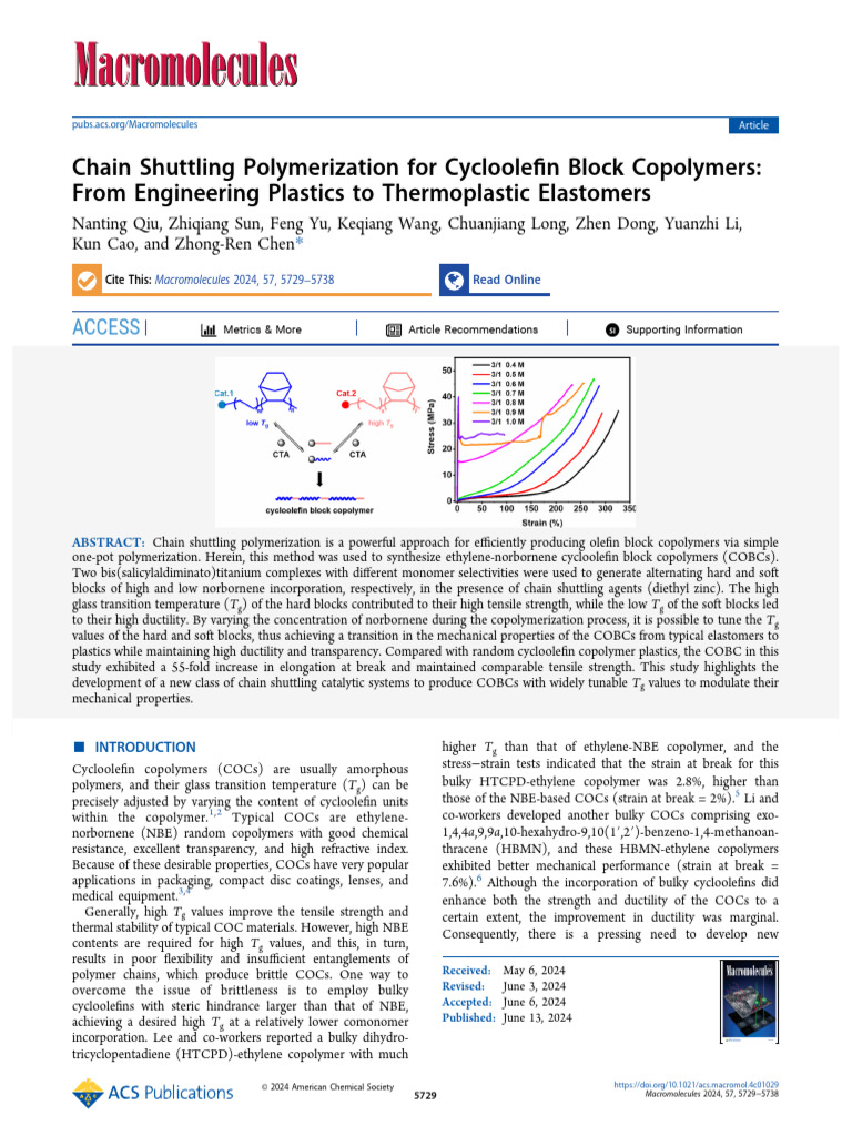 Qiu Et Al 2024 Chain Shuttling Polymerization For Cycloolefin Block Copolymers From Engineering ...
