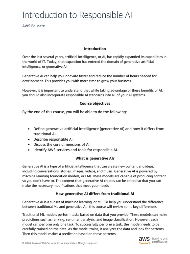 AWSEducate IntroductionTToResponsibleAI Transcript v1 | PDF | Artificial Intelligence ...