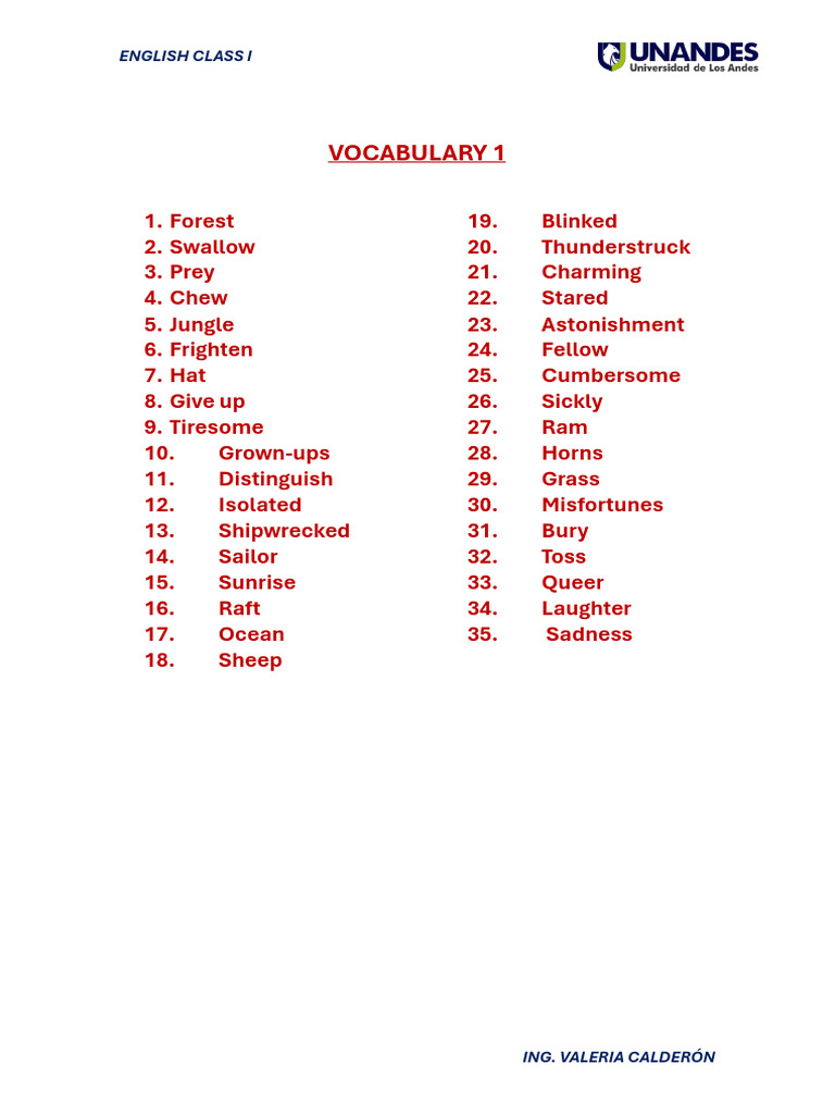 Vocabulary List for English Class I | PDF