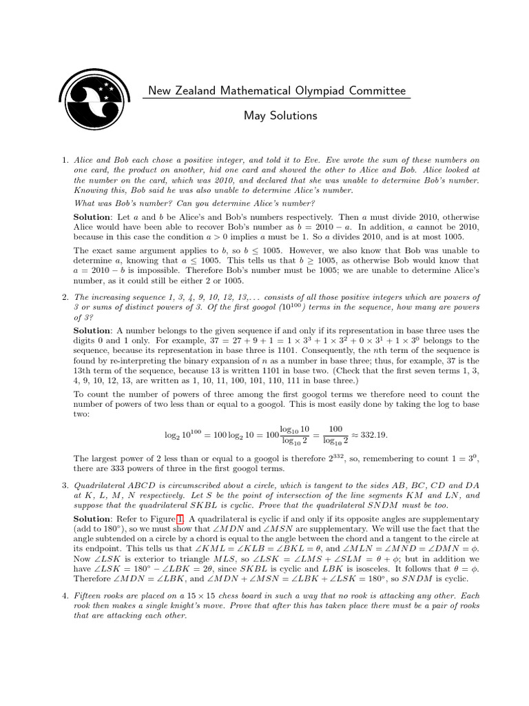 NZ Mathematical Olympiad May Solutions | PDF | Circle | Geometry