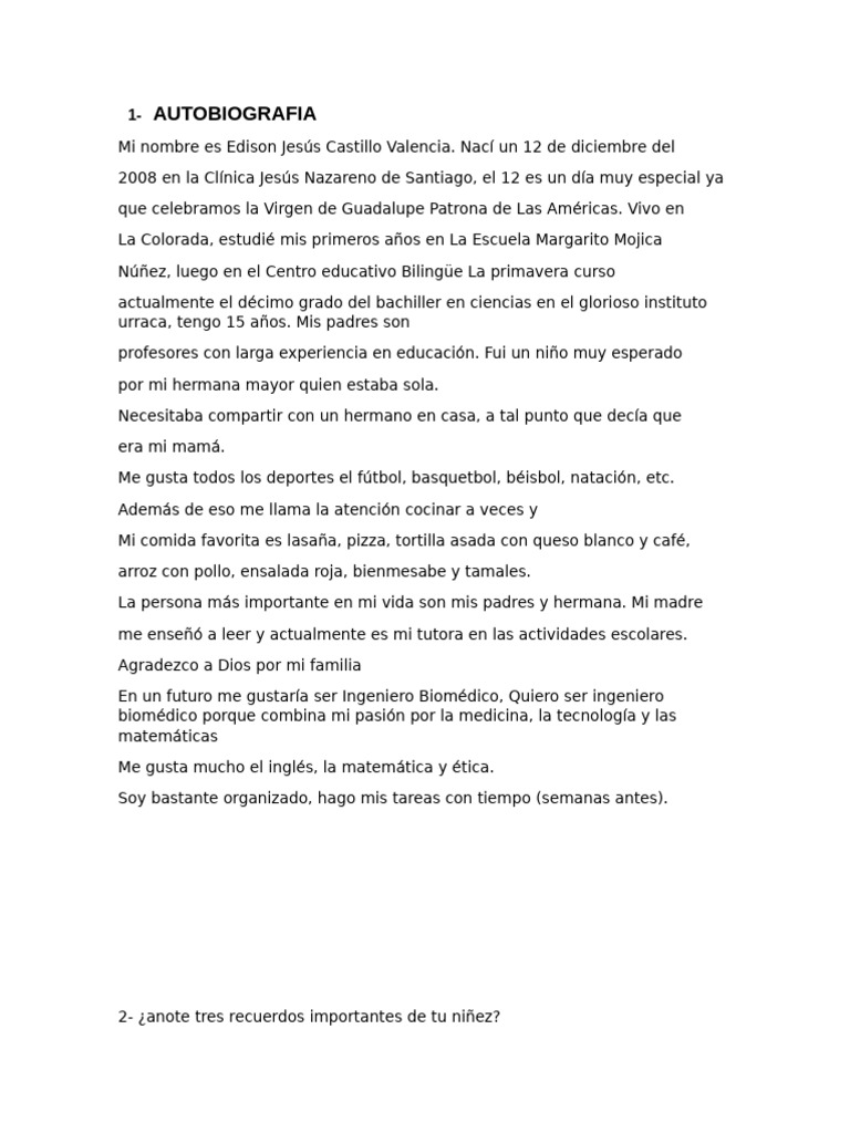 Autobiografía de Edison Castillo Valencia | PDF