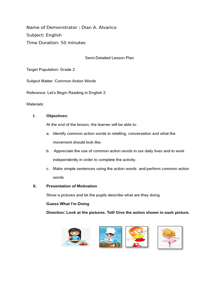 Action Words Lesson Plan for Grade 2 | PDF | Verb | Noun