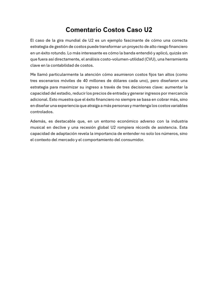 Comentario Costos Caso U2 - SHJA | PDF