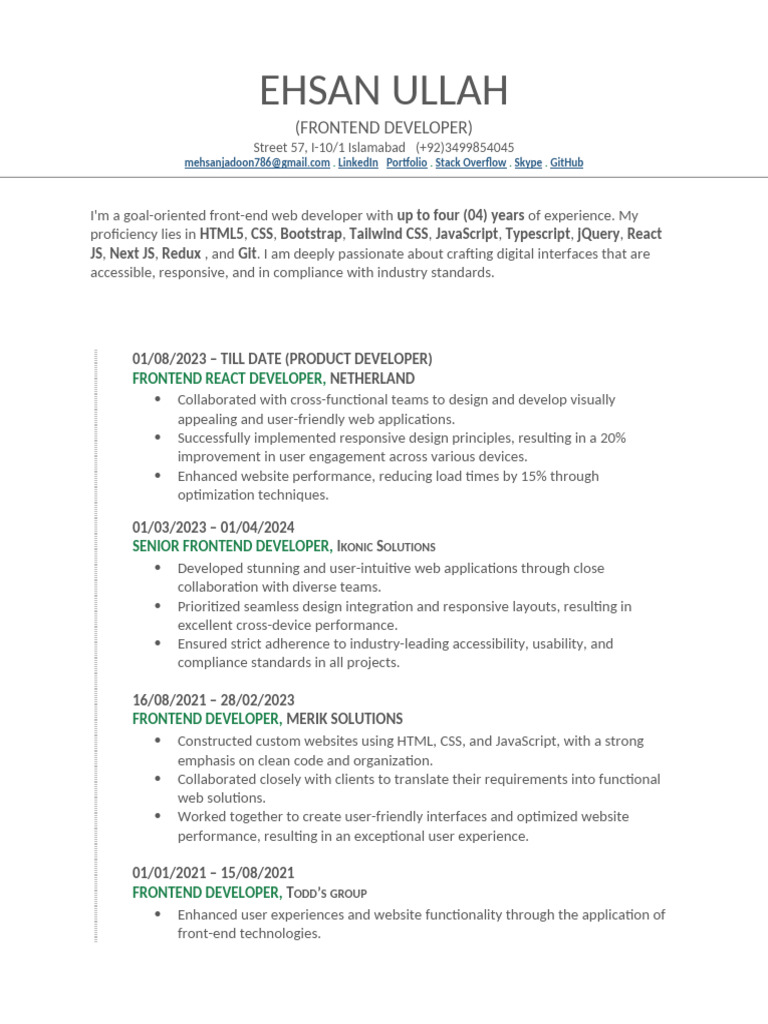 Frontend Developer Resume: Ehsan Ullah | PDF | Web Development | Usability