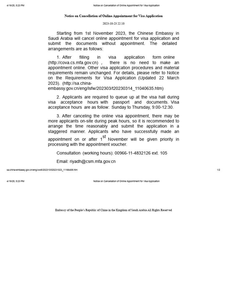 China Visa Appointment Cancellation Notice | PDF | Travel Visa ...