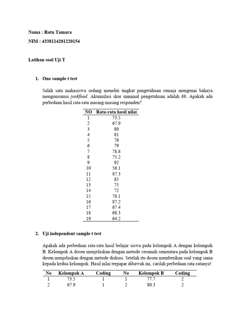 Latihan Soal Uji T Ratu Tamara | PDF