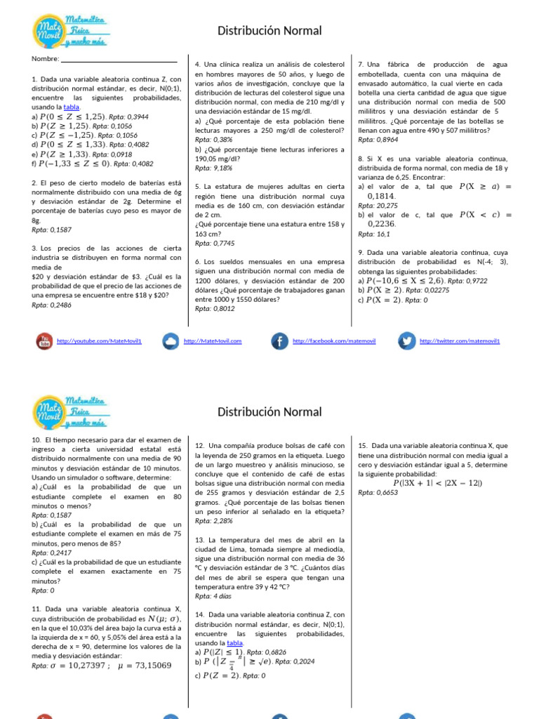 Distribución Normal Ejercicios Propuestos PDF | PDF | Distribución normal | Desviación Estándar