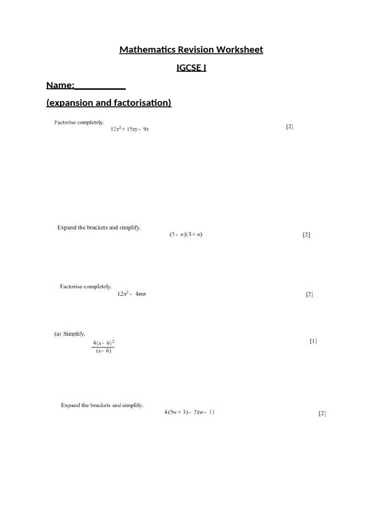 Mathematics Revision Worksheet | PDF