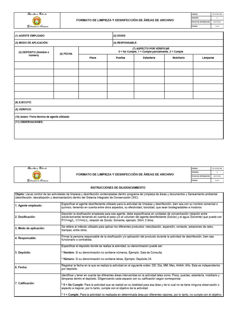 Formato Aseo y Desinfeccion | PDF
