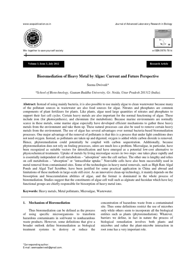 Algae-Based Bioremediation of Heavy Metals | PDF | Adsorption | Ph
