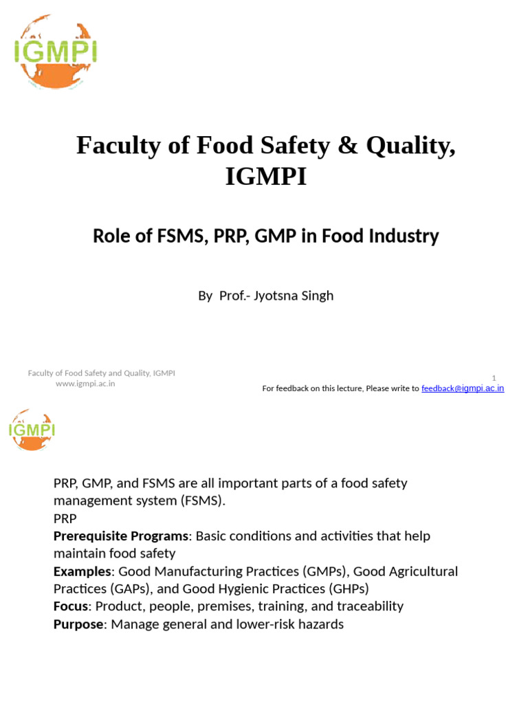 FSMS, PRP and GMP in Food Industry | PDF | Food Safety | Hazard Analysis And Critical Control Points