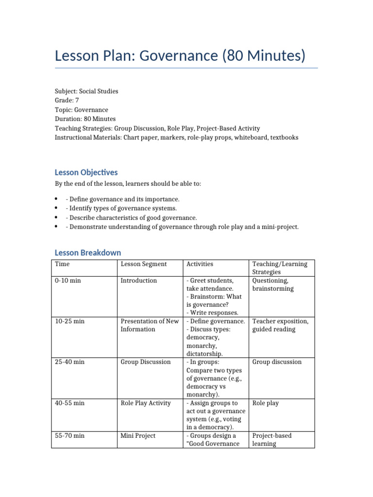 Lesson Plan Governance Grade7 | PDF | Lesson Plan | Educational Assessment