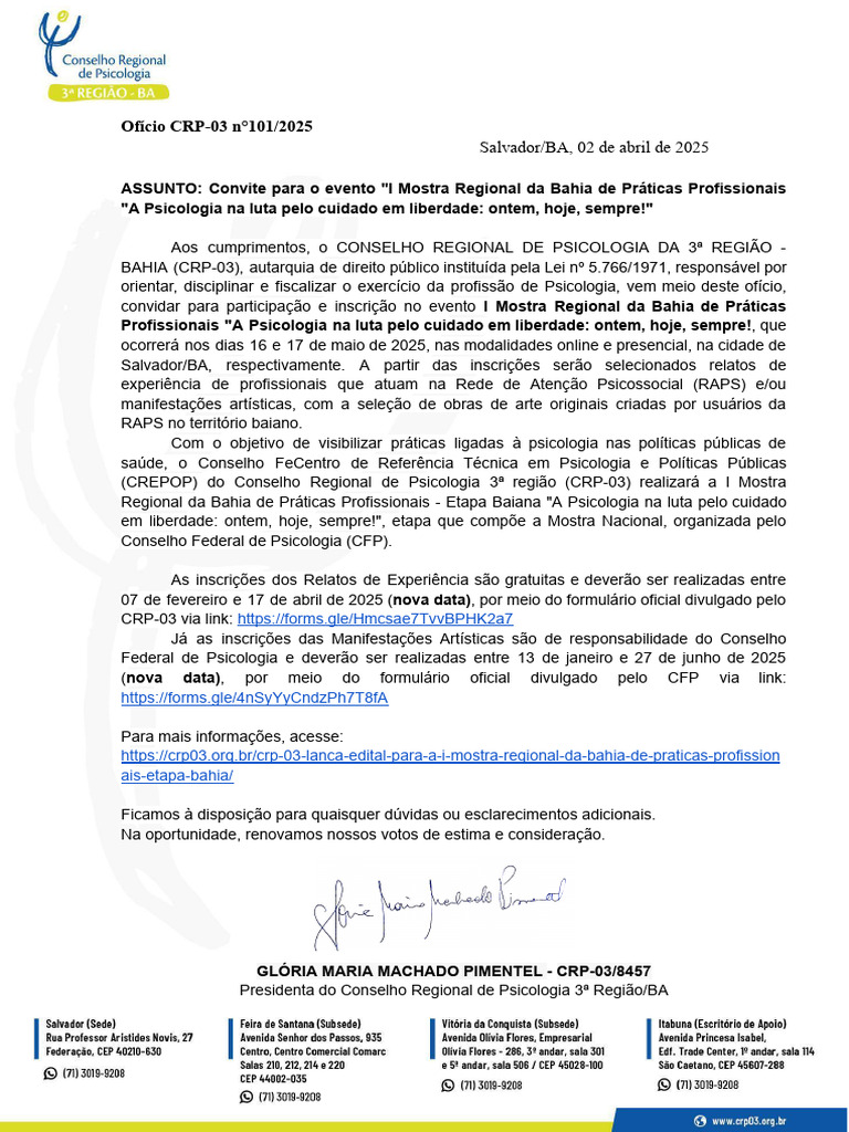 OFÍCIO CRP-03 Nº 163 - 2025 - Convite para I Mostra Regional Da Bahia de Práticas Profissionais ...