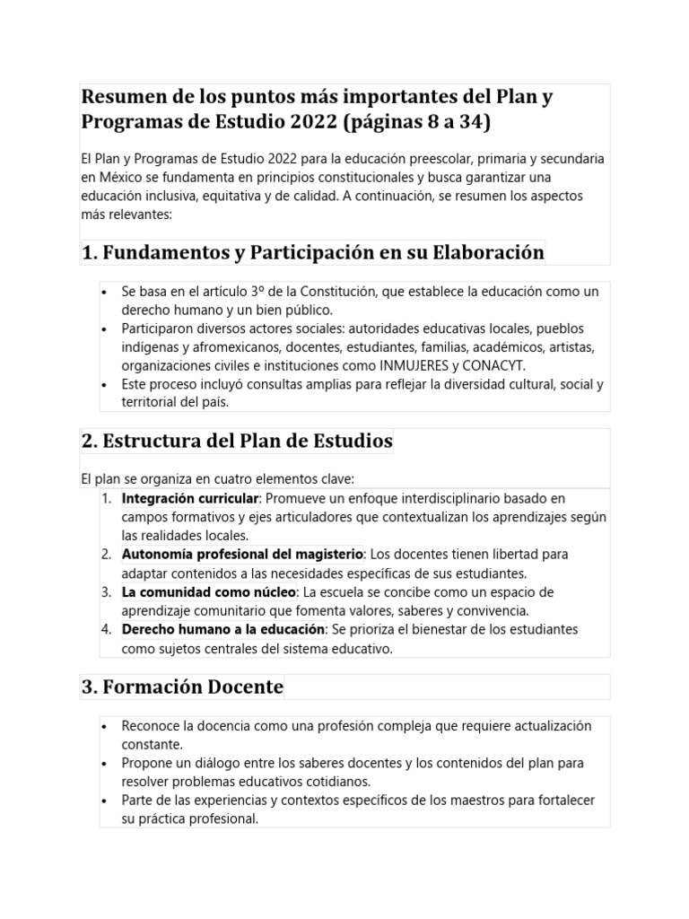 Resumen de Los Puntos Más Importantes Del Plan y Programas de Estudio ...