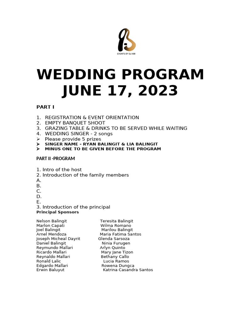 Wedding Program Outline for June 2023 | PDF | Bride | Rites Of Passage