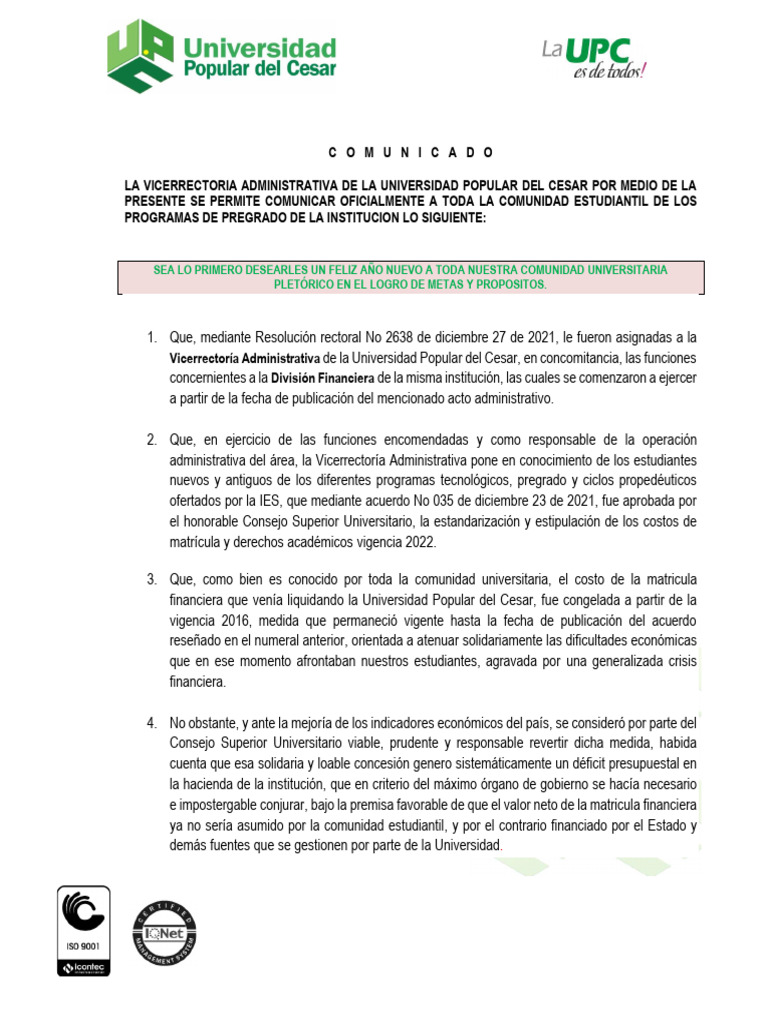 Comunicado de Vicerrectoria Administrativa A Comunidad Estudiantil Upc - 2022 - Ajustado | PDF