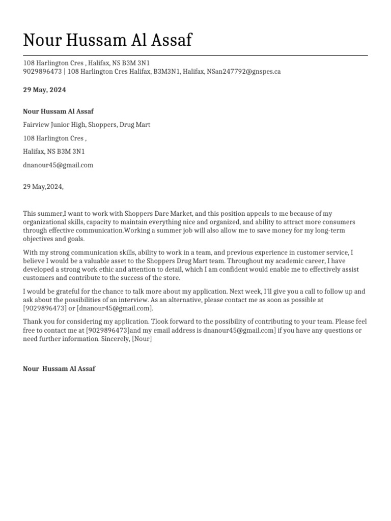 NourHussam AlAssaf Cover Letter - Nour Al Assaf | PDF