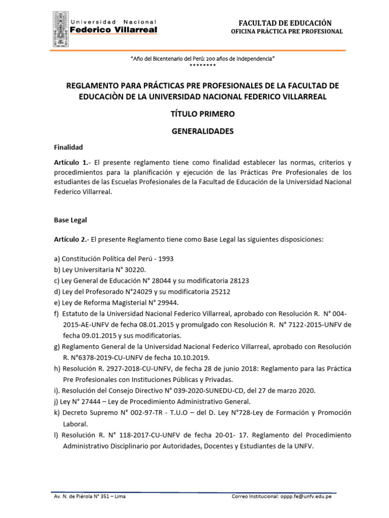 Reglamento de Práctica Pre Profesional - Fe - 2021 Proyecto Revisado Final 21-04-21 Ok | PDF ...